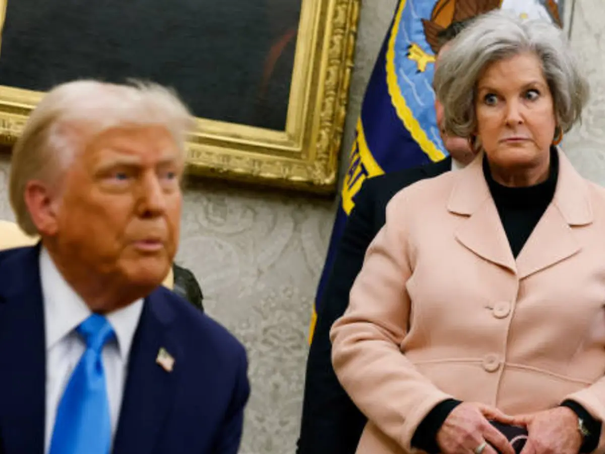 Trump's chief of staff Susie Wiles' wide-eyed stare as Trump announces ...