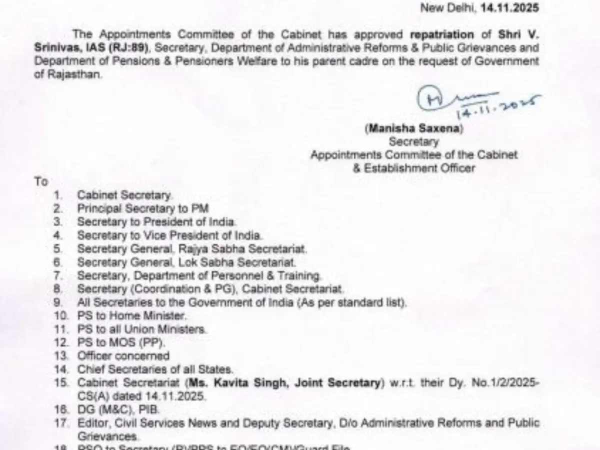 Rajasthan| IAS वी. श्रीनिवास को मिला राजस्थान CS का जिम्मा, केंद्र ने ...
